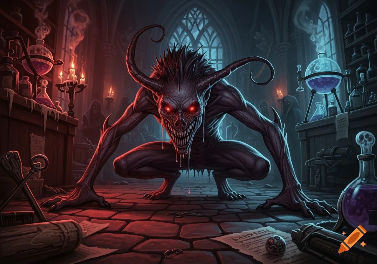 A grotesque, horned monster with glowing red eyes crouches in a dark ...