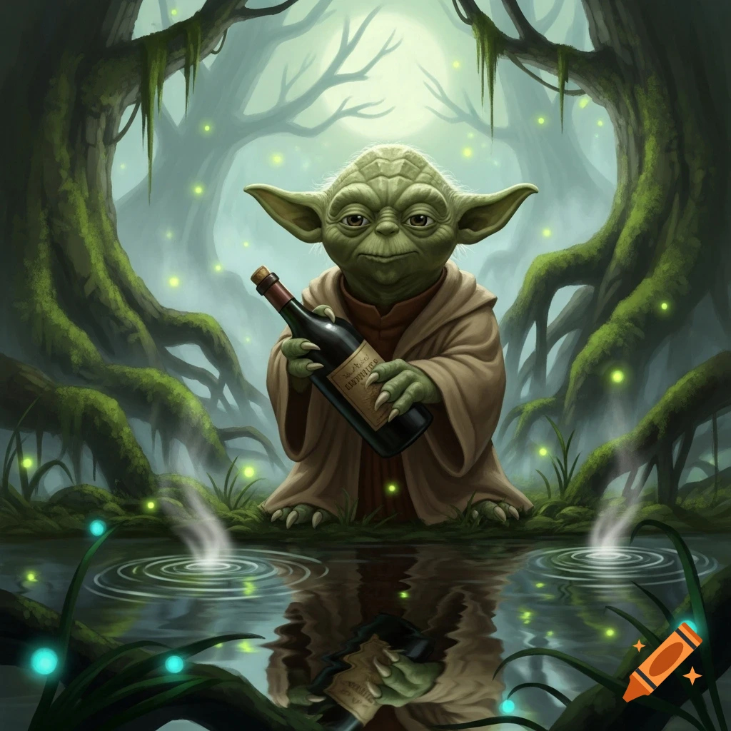 Yoda in a mossy, misty swamp, holding a wine bottle with a cork ...