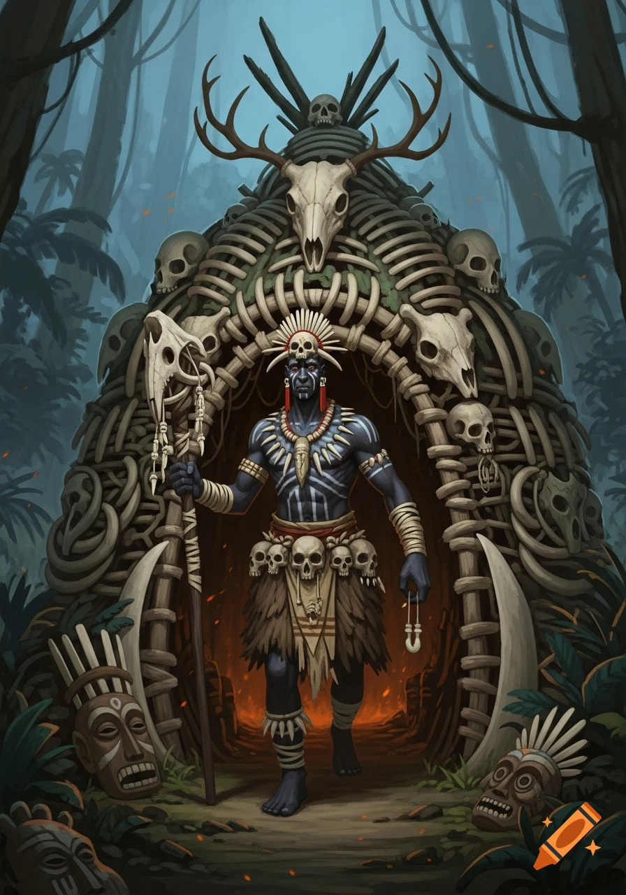 A dark shaman with body paint and skull ornaments emerges from a hut ...