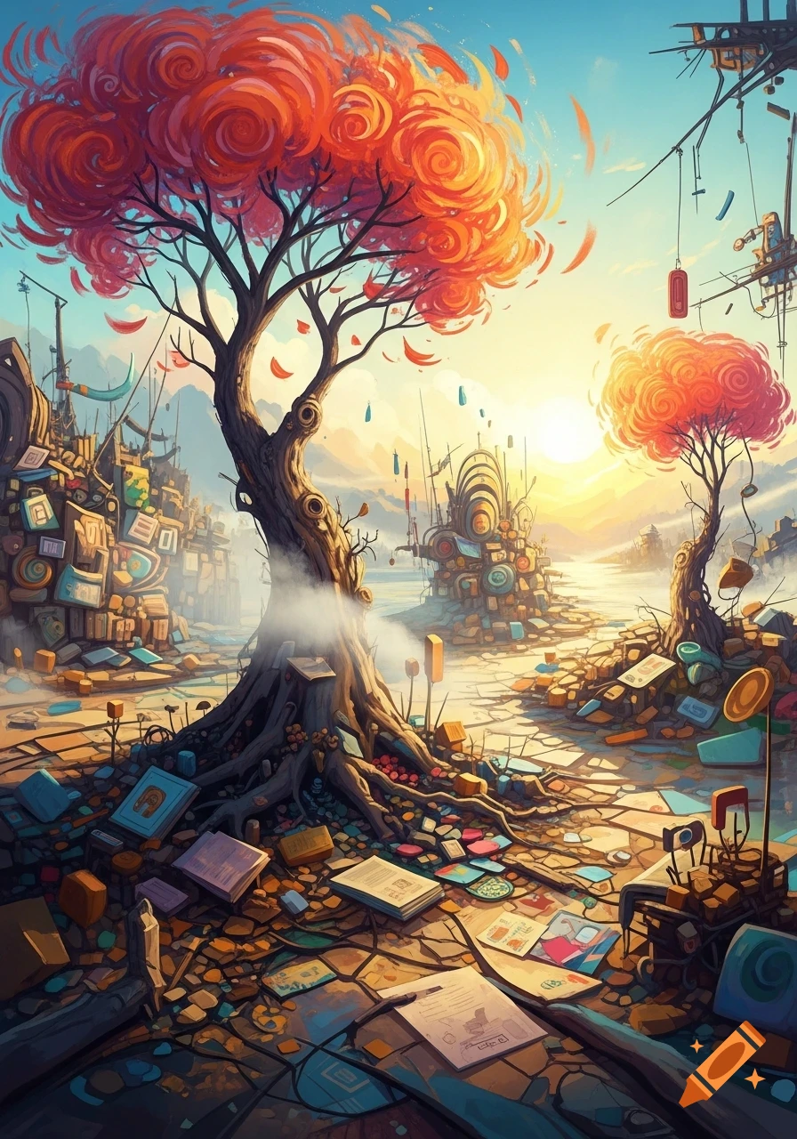 A vibrant, surreal landscape with two large trees featuring swirling ...