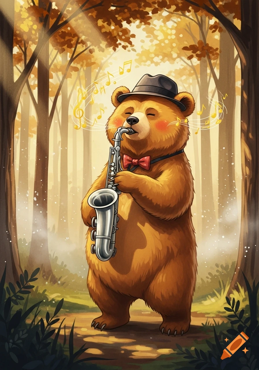 A cartoon bear wearing a fedora and a red bow tie plays a saxophone in ...