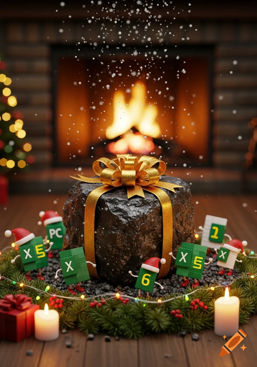 Christmas scene with a coal gift, animated Excel icons in Santa hats, a ...