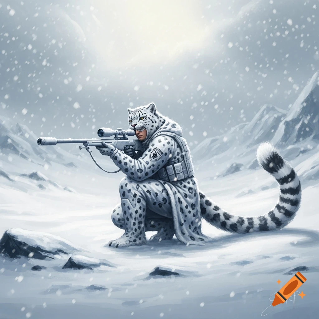 A snow leopard-headed sniper in white camouflage kneels in a snowy ...
