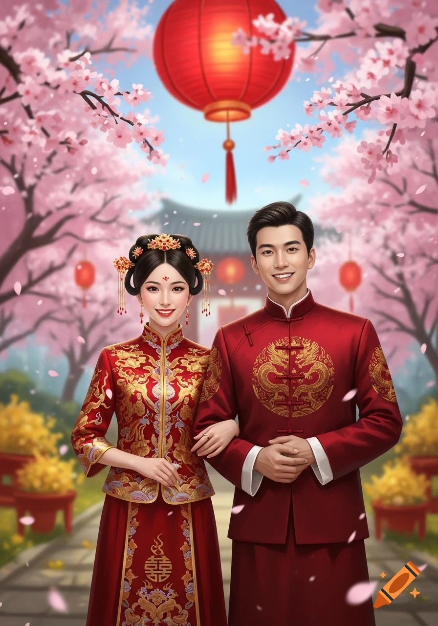 A smiling Chinese bride and groom in traditional red attire stand under ...