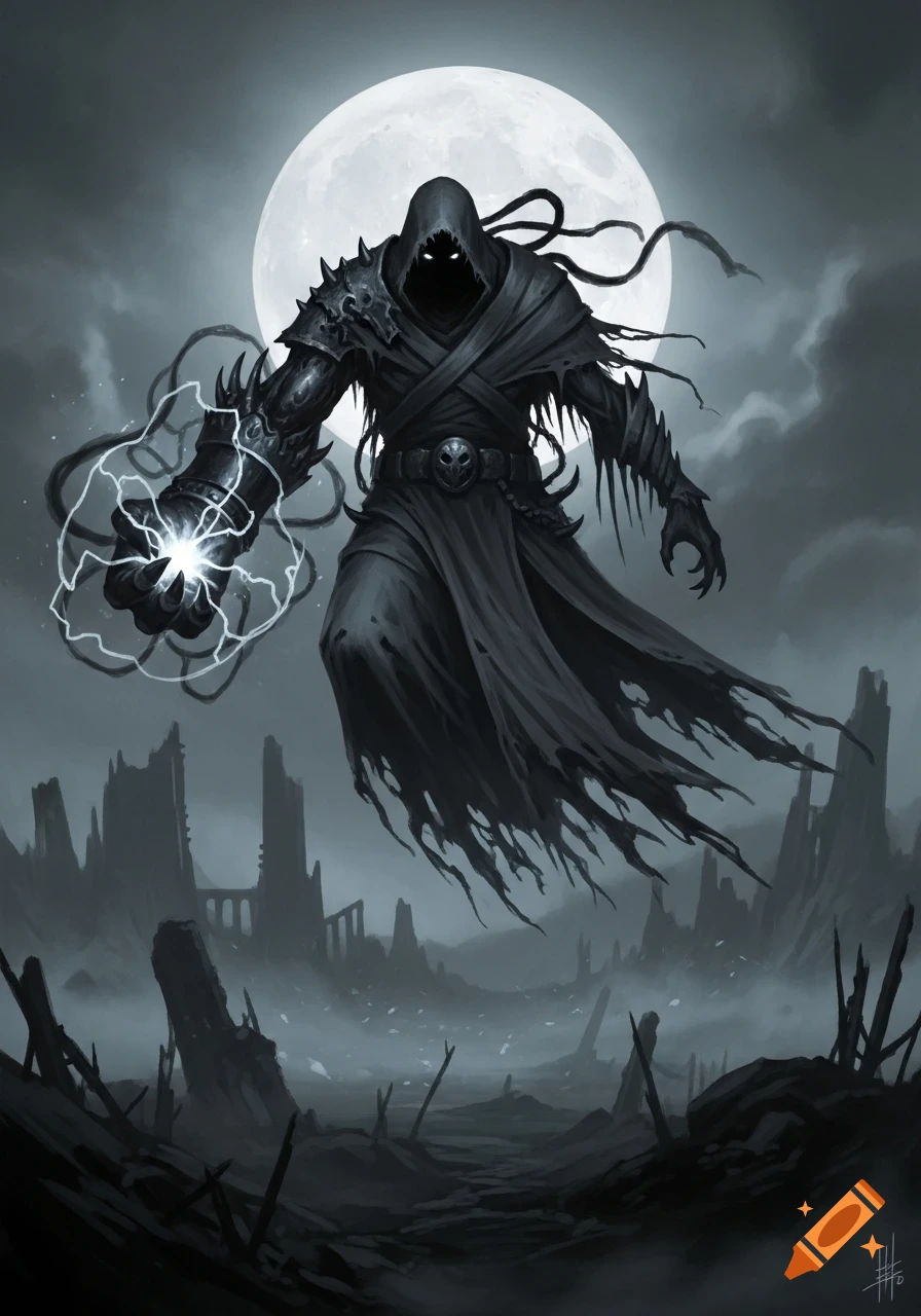 A menacing, hooded wraith-like figure with glowing eyes floats over a ...