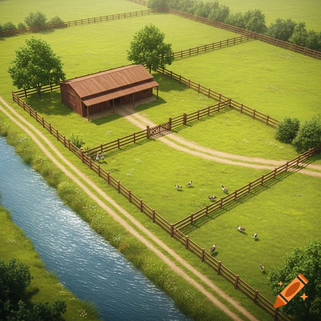 An aerial view of a farm with a brown barn, fenced green pastures, a ...