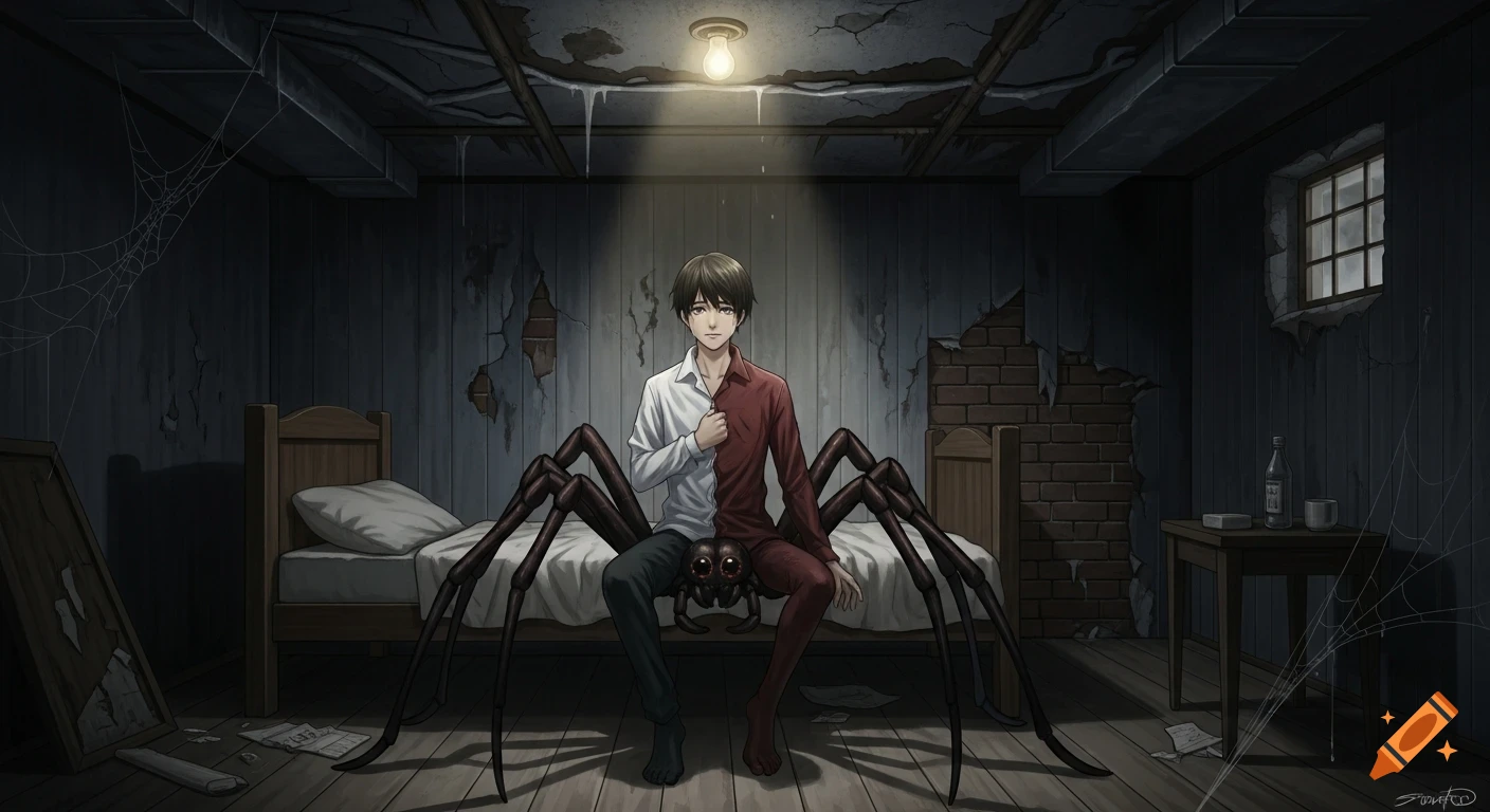 Anime style illustration of a sad man with a spider lower body sitting ...