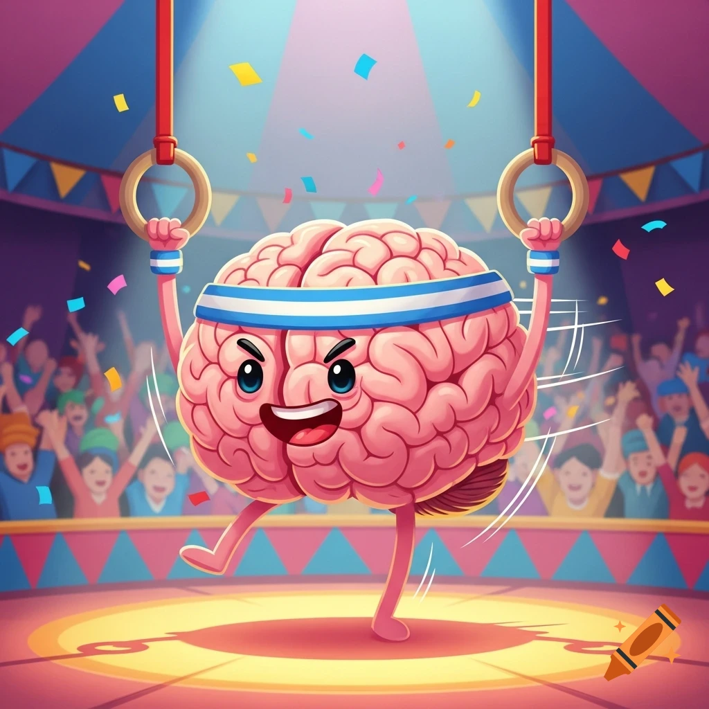 A cheerful cartoon brain with a headband performs on gymnastic rings in ...