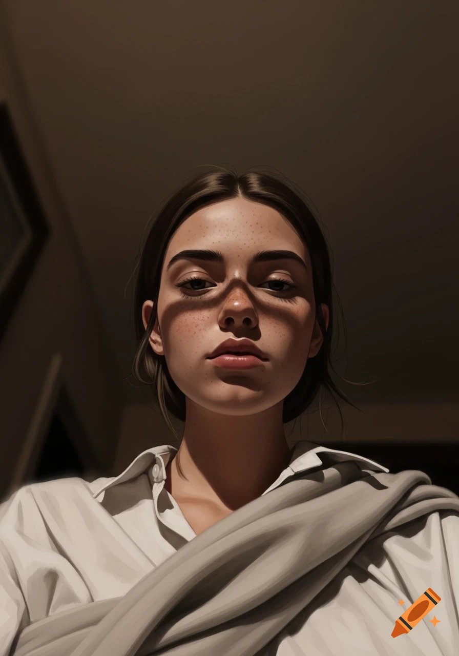 Low-angle digital painting of a brunette woman with freckles, dimly lit ...
