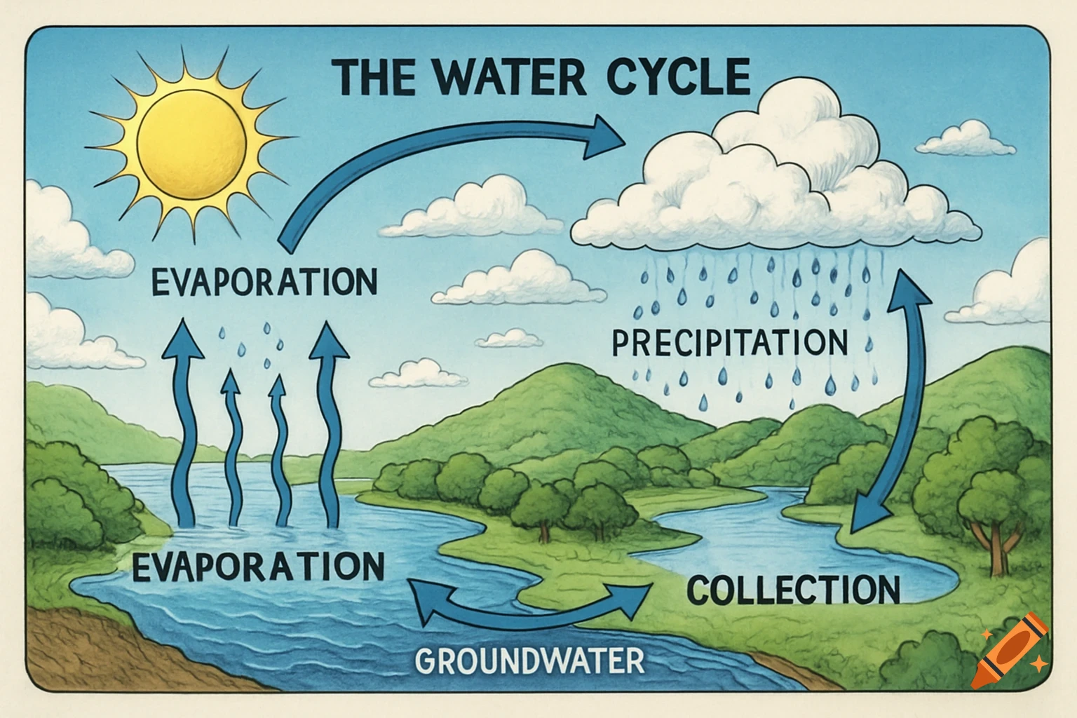 A colorful diagram illustrating the water cycle, showing the sun ...