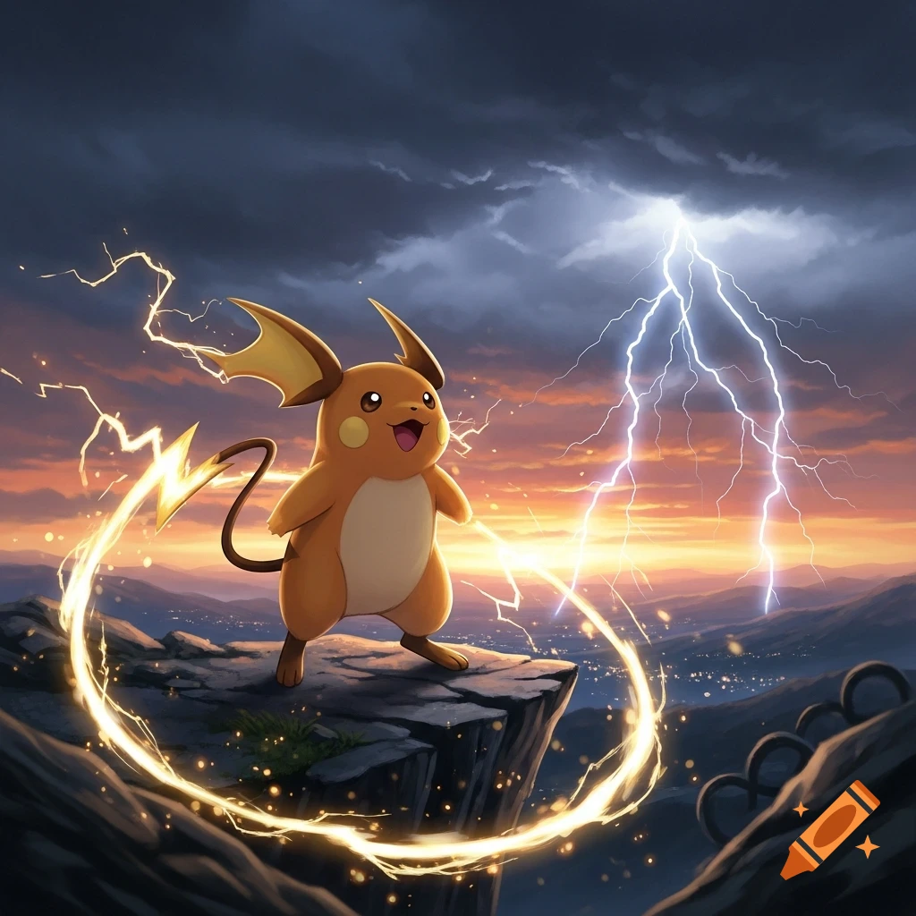 Raichu, a yellow electric Pok mon, stands on a cliff with glowing ...