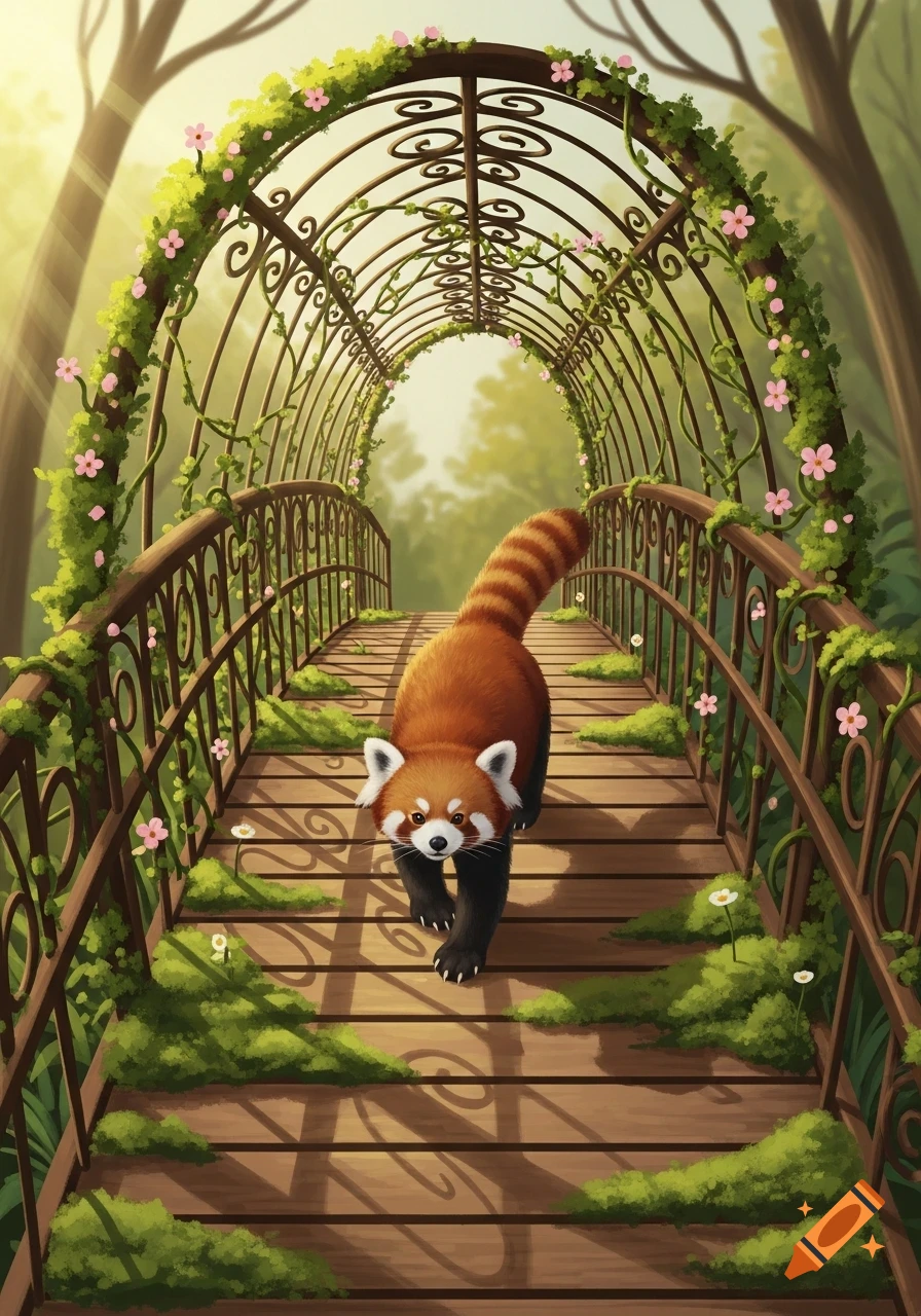 A red panda walks across a mossy, flower-adorned arched bridge in a ...