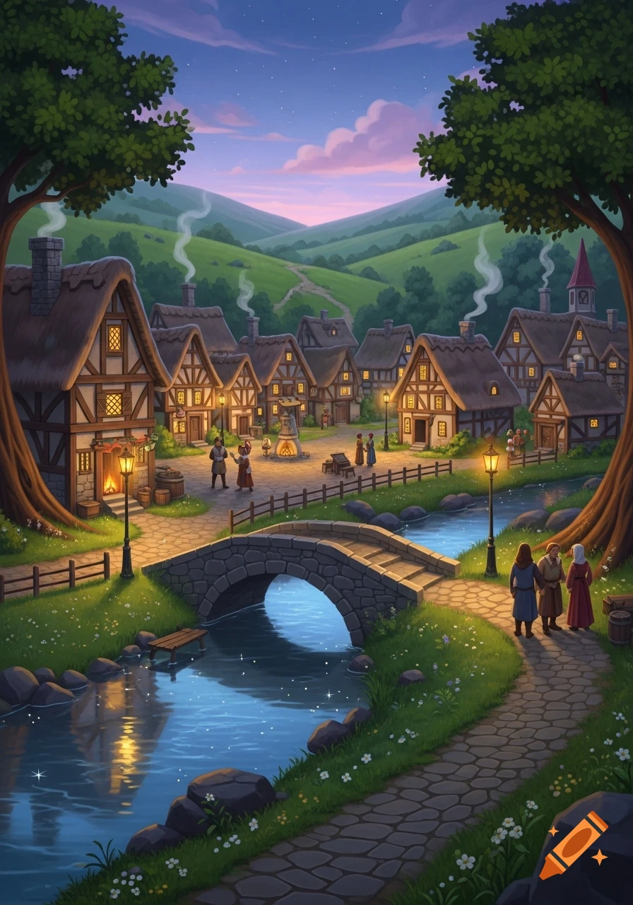 A vibrant fantasy illustration of a cozy riverside village at dusk ...