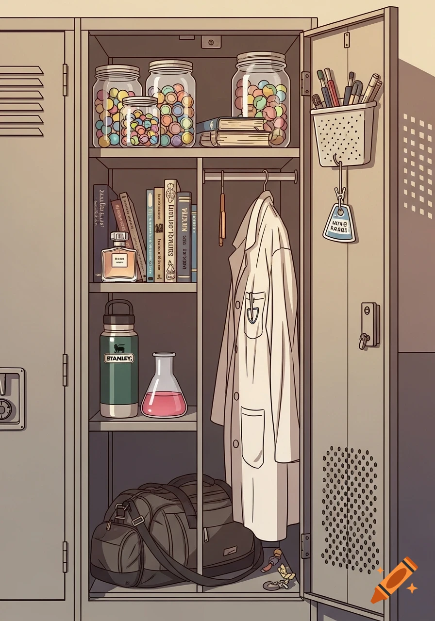 An open locker filled with items: jars of colorful candy, books, a ...