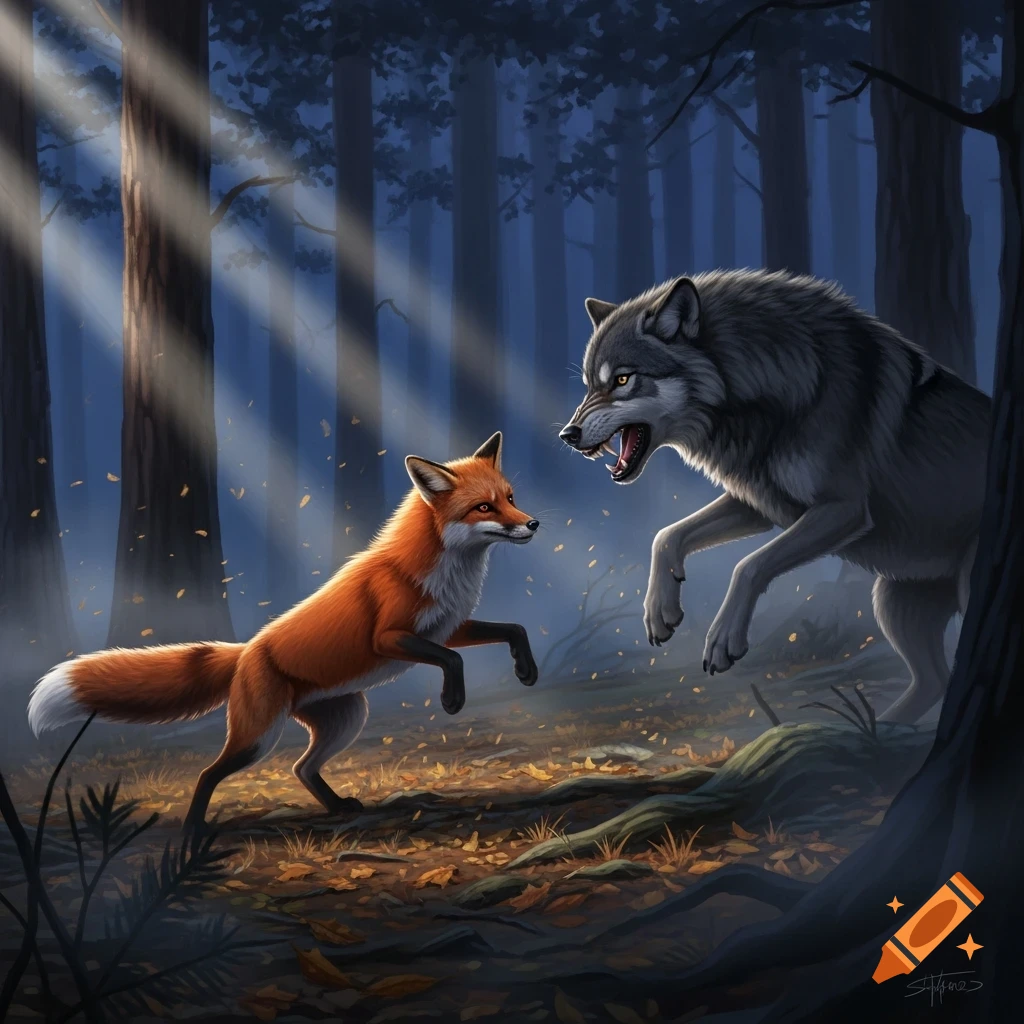 An illustrative red fox and grey wolf confront each other fiercely in a ...