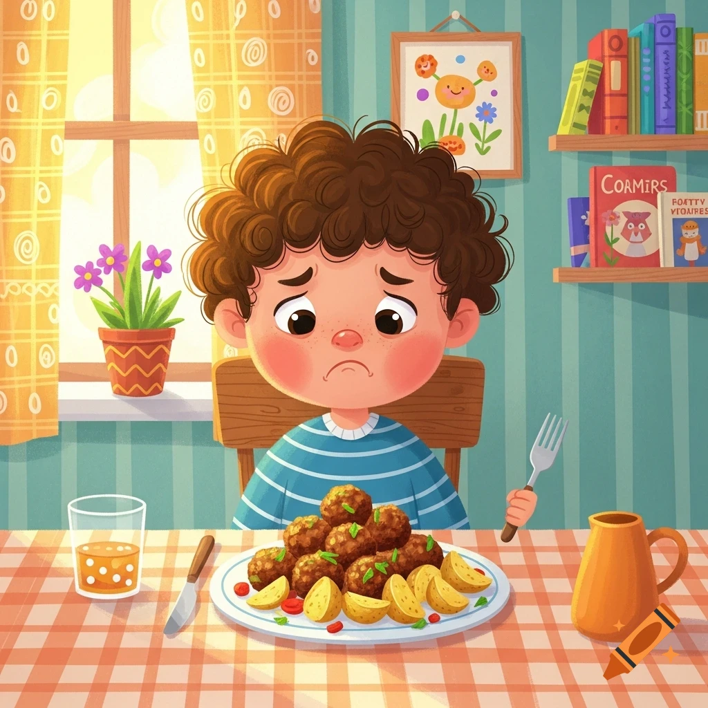 A sad boy with curly brown hair sits at a table with meatballs and ...
