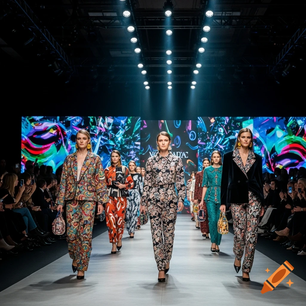 Models in colorful patterned suits walk down a runway, illuminated by ...