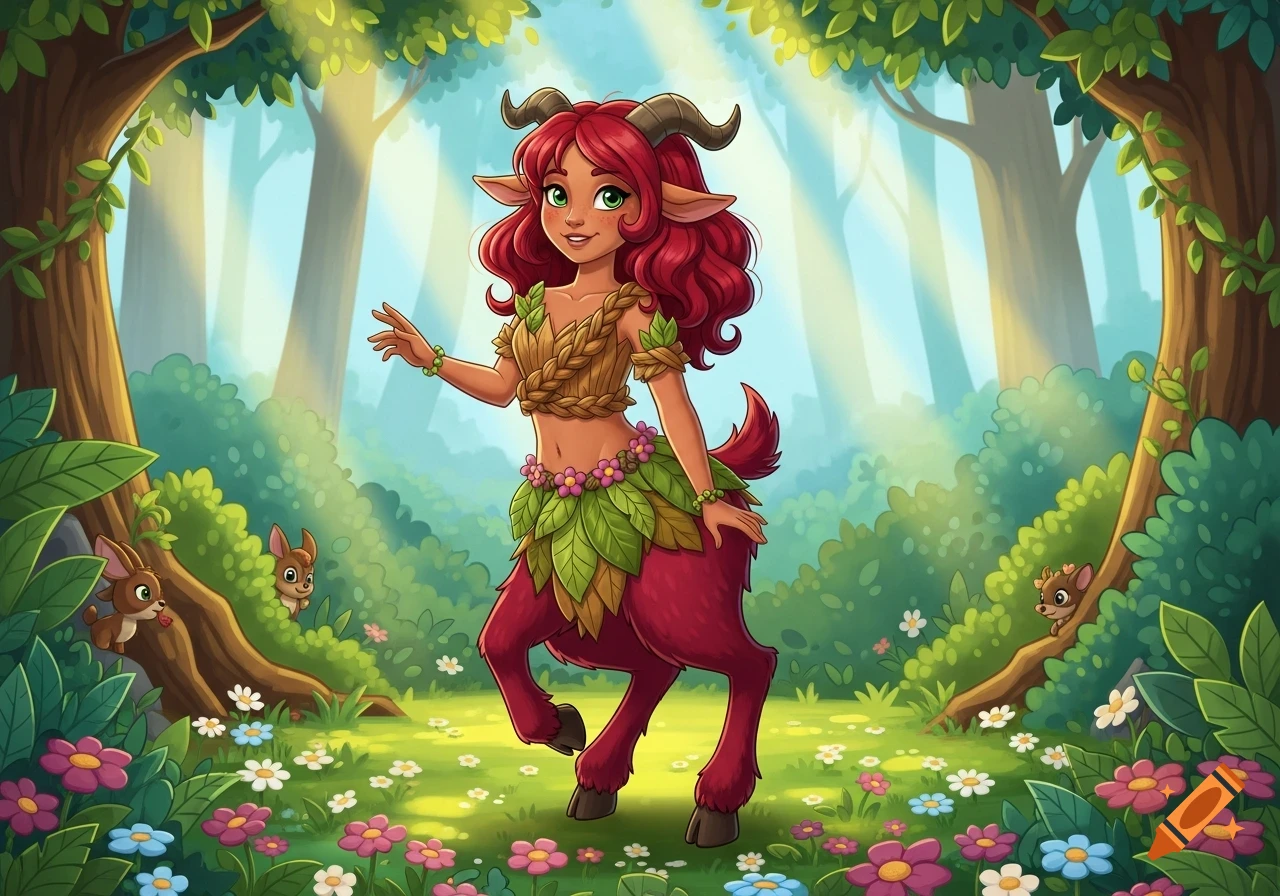 A smiling cartoon satyr girl with red hair and horns, wearing leaf and ...