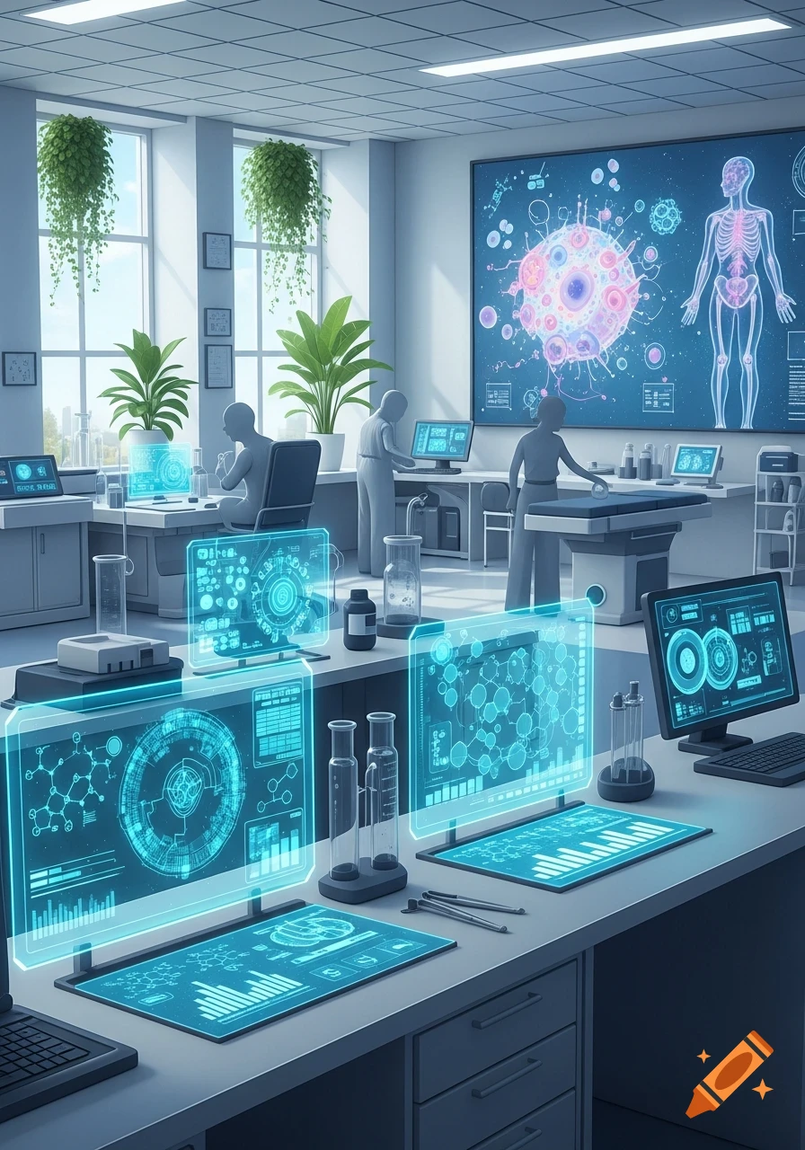 A futuristic science laboratory with scientists working at desks with ...