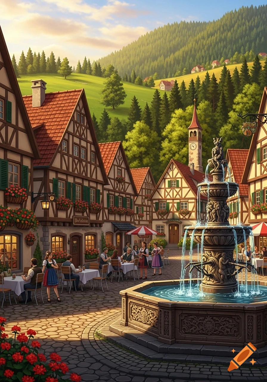 An illustrative scene of a lively European village square with half ...
