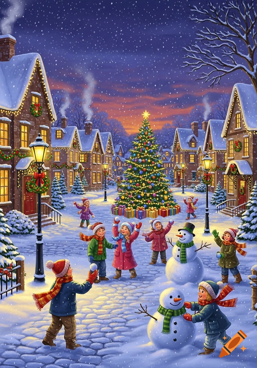 Illustrated festive scene of children playing in a snowy Christmas ...