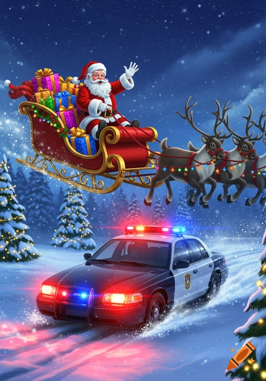 Santa Claus in his sleigh, pulled by reindeer, flying above a police ...