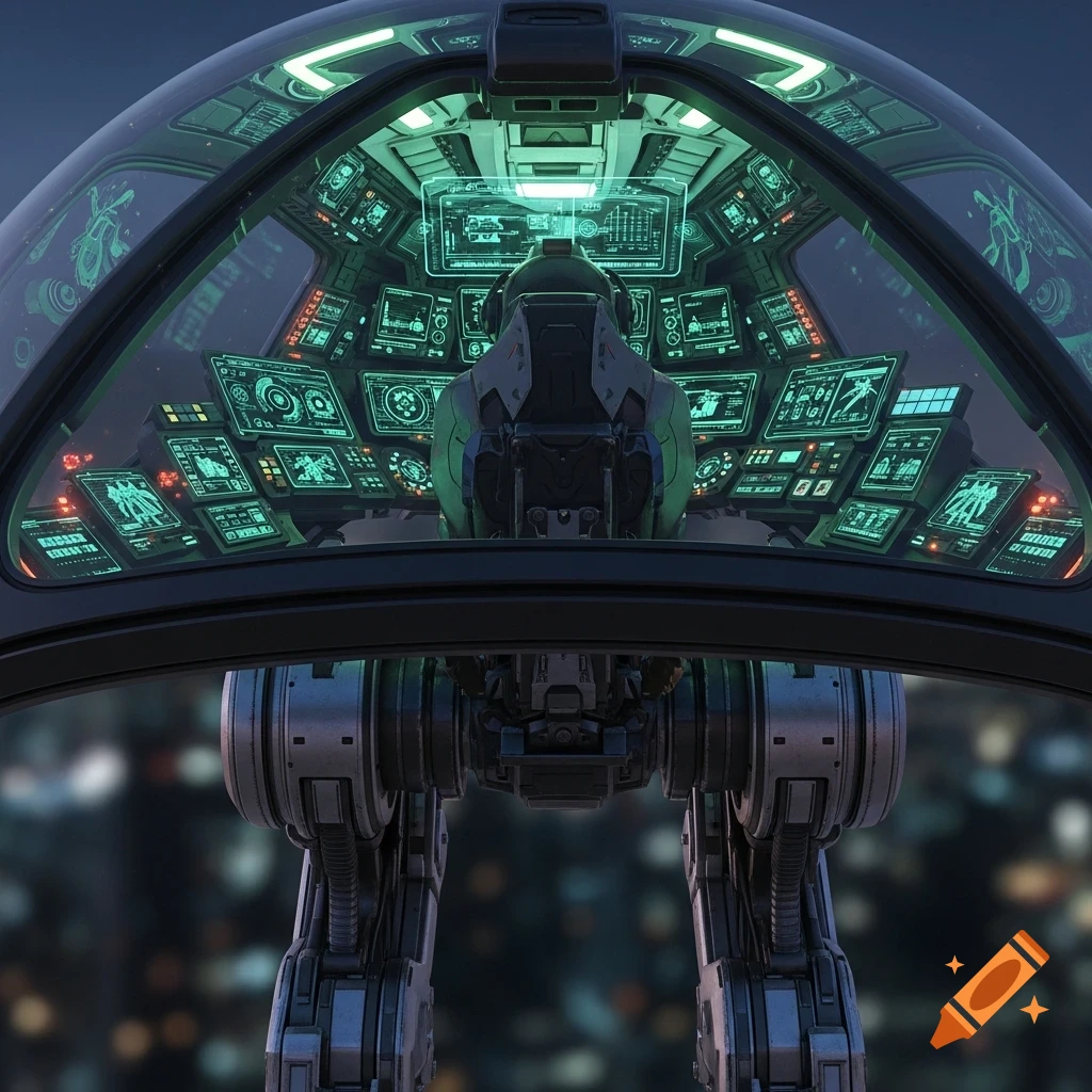 A futuristic mech cockpit with a pilot's seat, glowing green screens ...