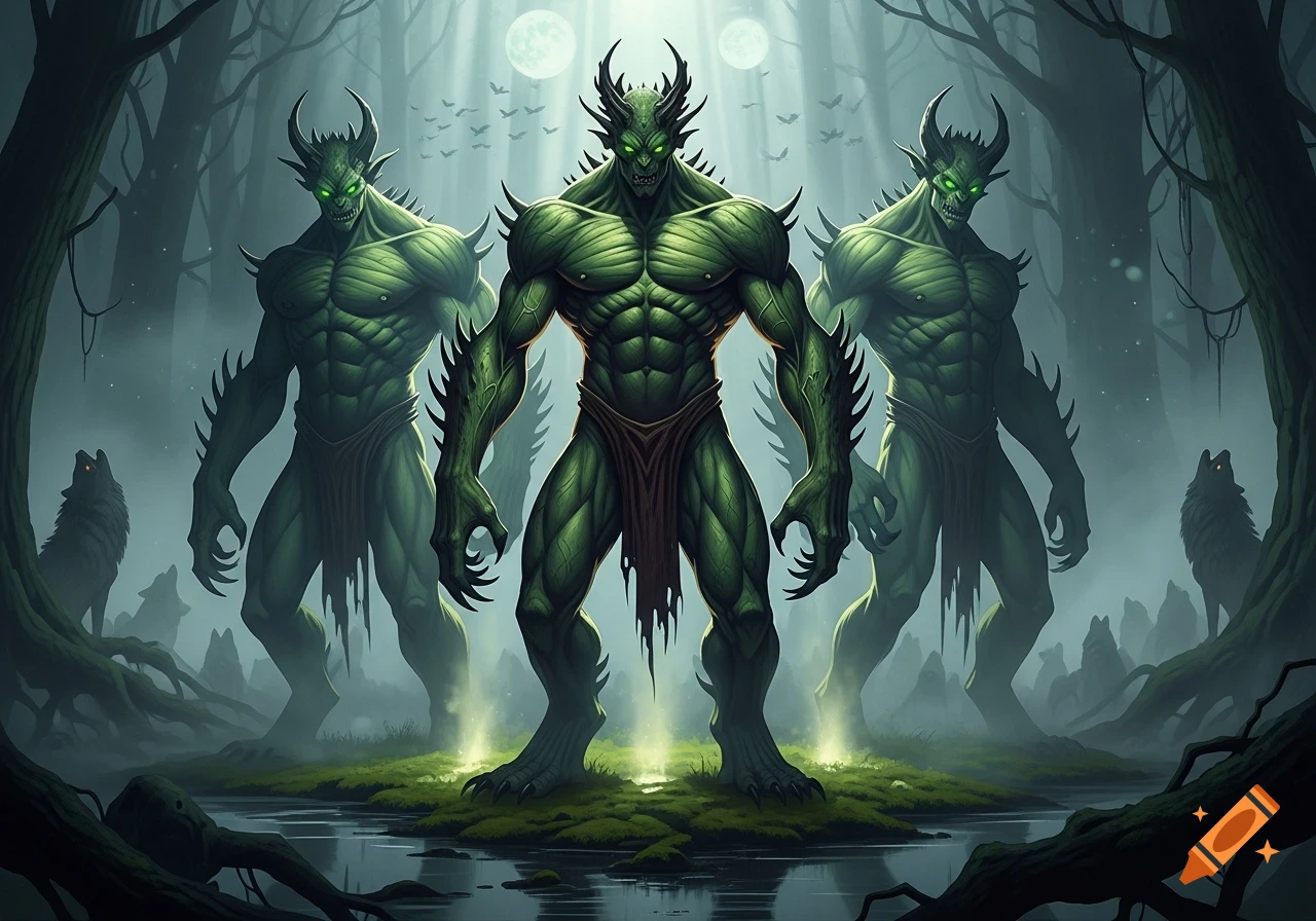 Three muscular green horned monsters with glowing eyes stand in a misty ...