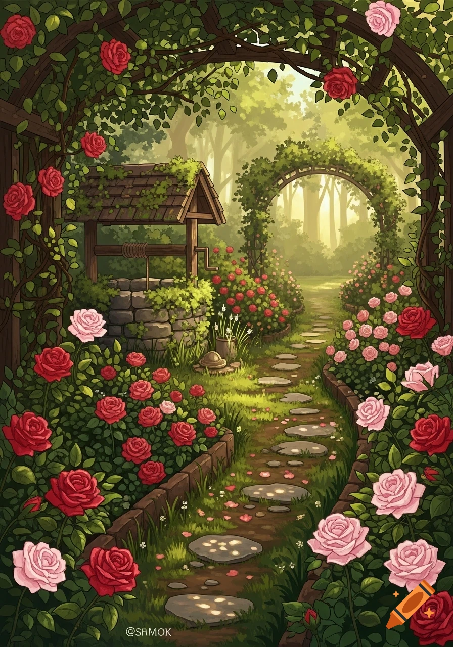 Stylized illustration of an overgrown rose garden with a path leading ...