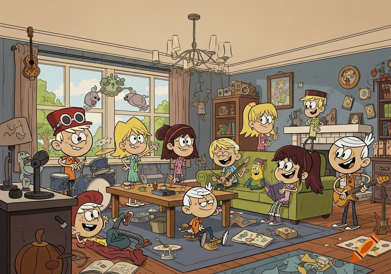 The Loud House family gathers in a lively, cluttered living room, with ...