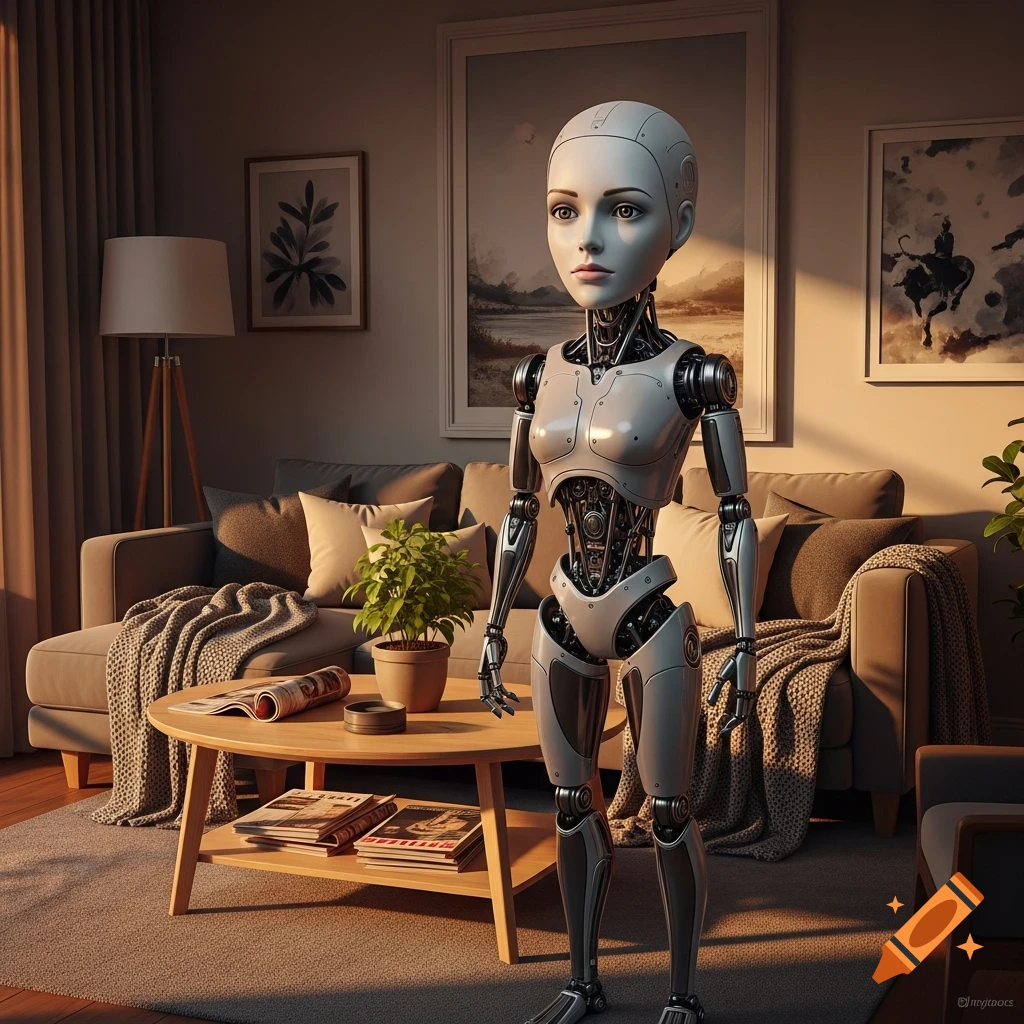 A realistic robot with a human-like head stands in a cozy, sunlit ...
