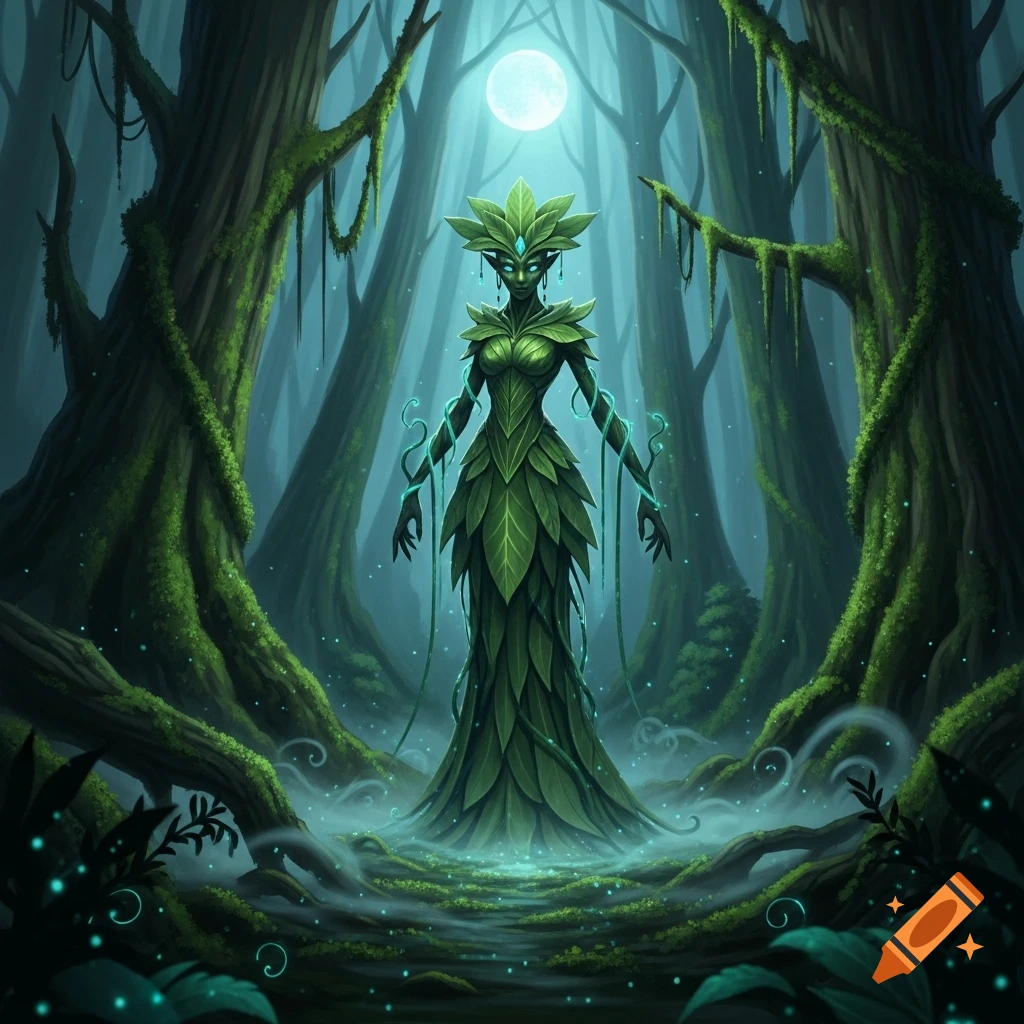 A humanoid forest spirit made of green leaves stands in a misty ...