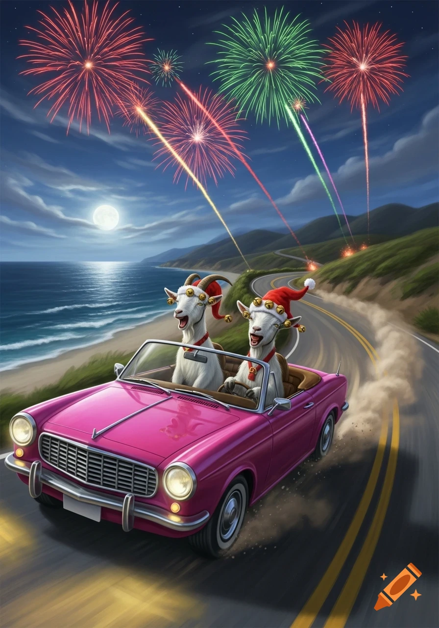 Illustration of two goats in Santa hats driving a pink convertible on a ...