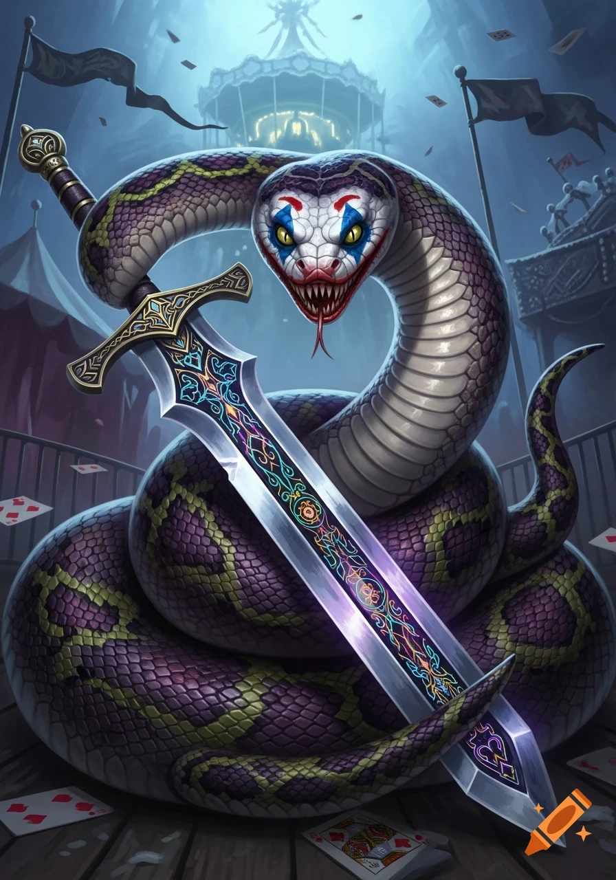 A sinister python with clown makeup and yellow eyes grips an ornate ...