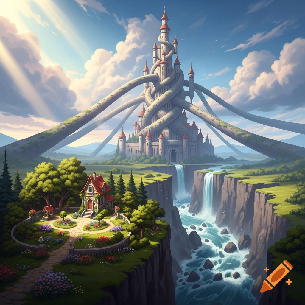 An illustrated fantasy landscape featuring a large castle with ...