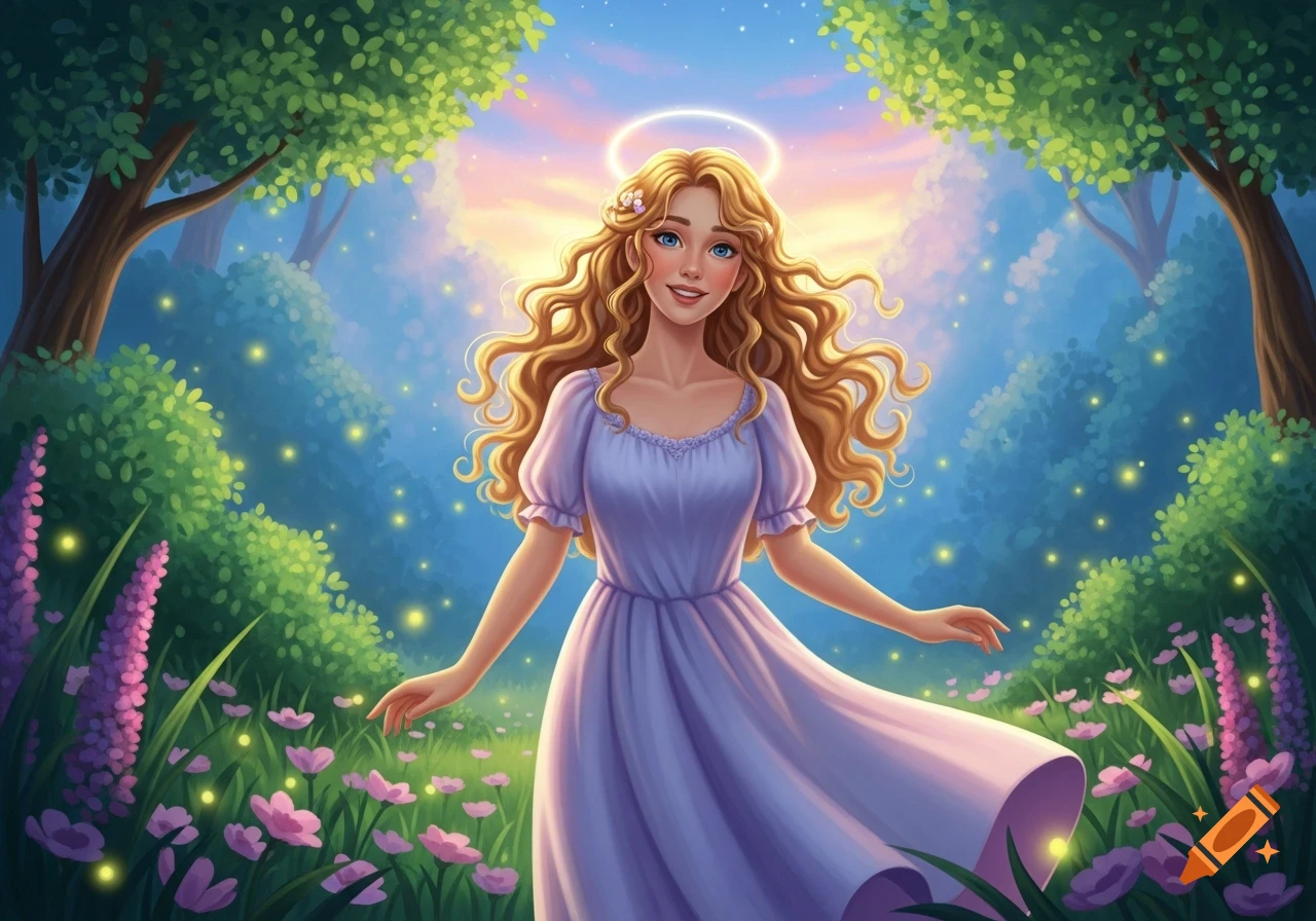 Whimsical illustration of a smiling angelic woman with long blonde hair ...