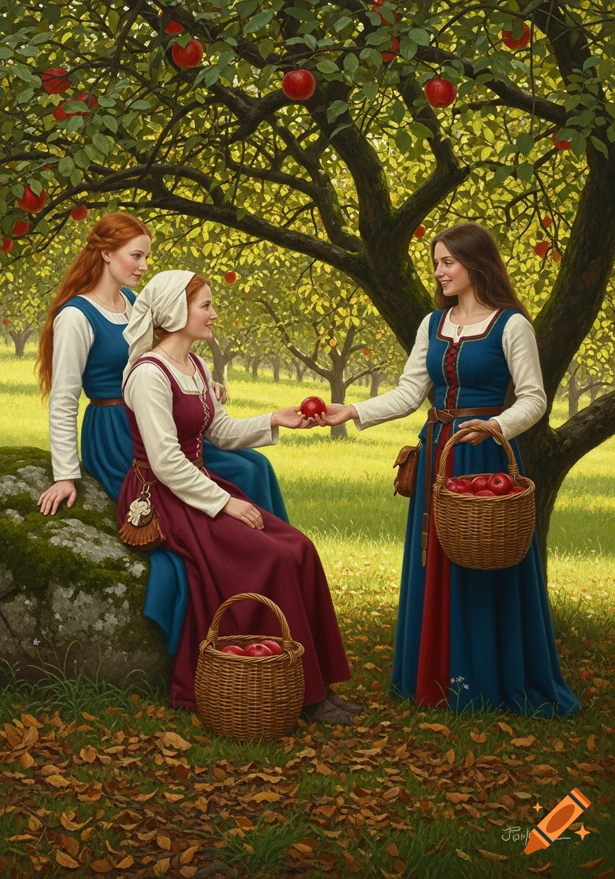 Three women in medieval dresses gather apples in an orchard. One hands ...