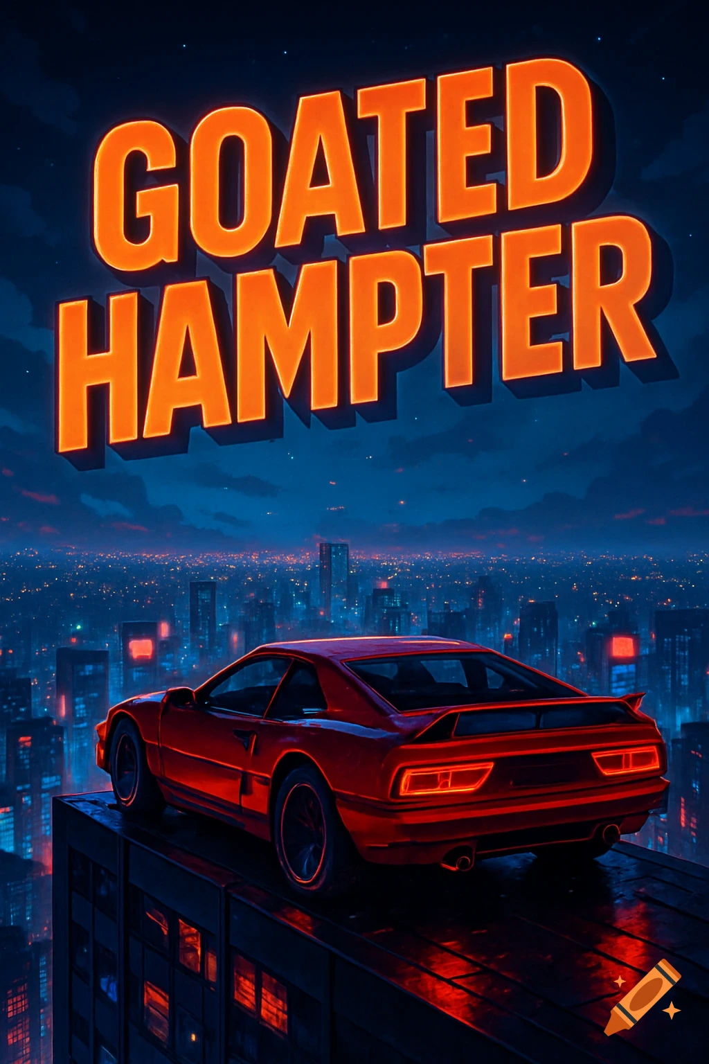 A red sports car sits atop a skyscraper, overlooking a neon city at ...