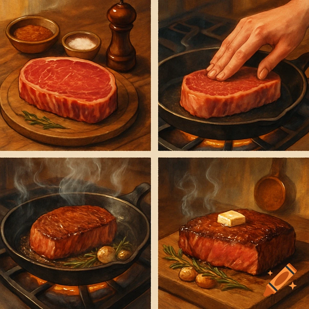 Illustrated four-panel sequence showing the steps of cooking a steak ...