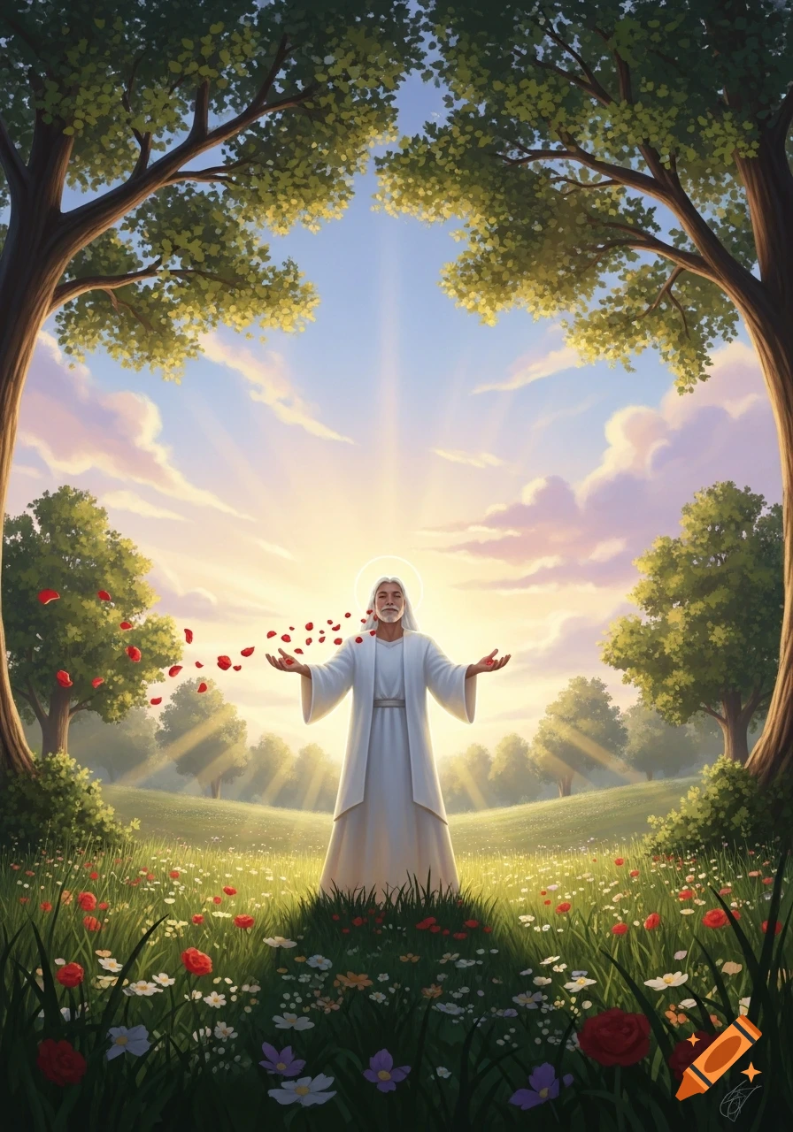 A serene digital art image of a haloed figure in white robes with ...