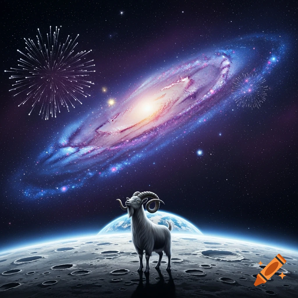 A photorealistic goat with spiral horns stands on a cratered moon ...