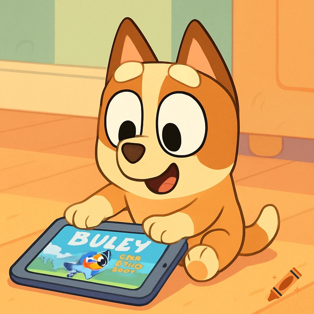 A tan and brown Bluey-style cartoon puppy smiles, sitting on the floor ...