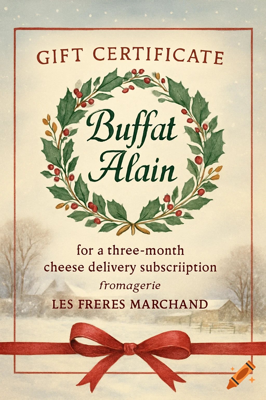Watercolor Christmas gift certificate for Buffat Alain, featuring a ...