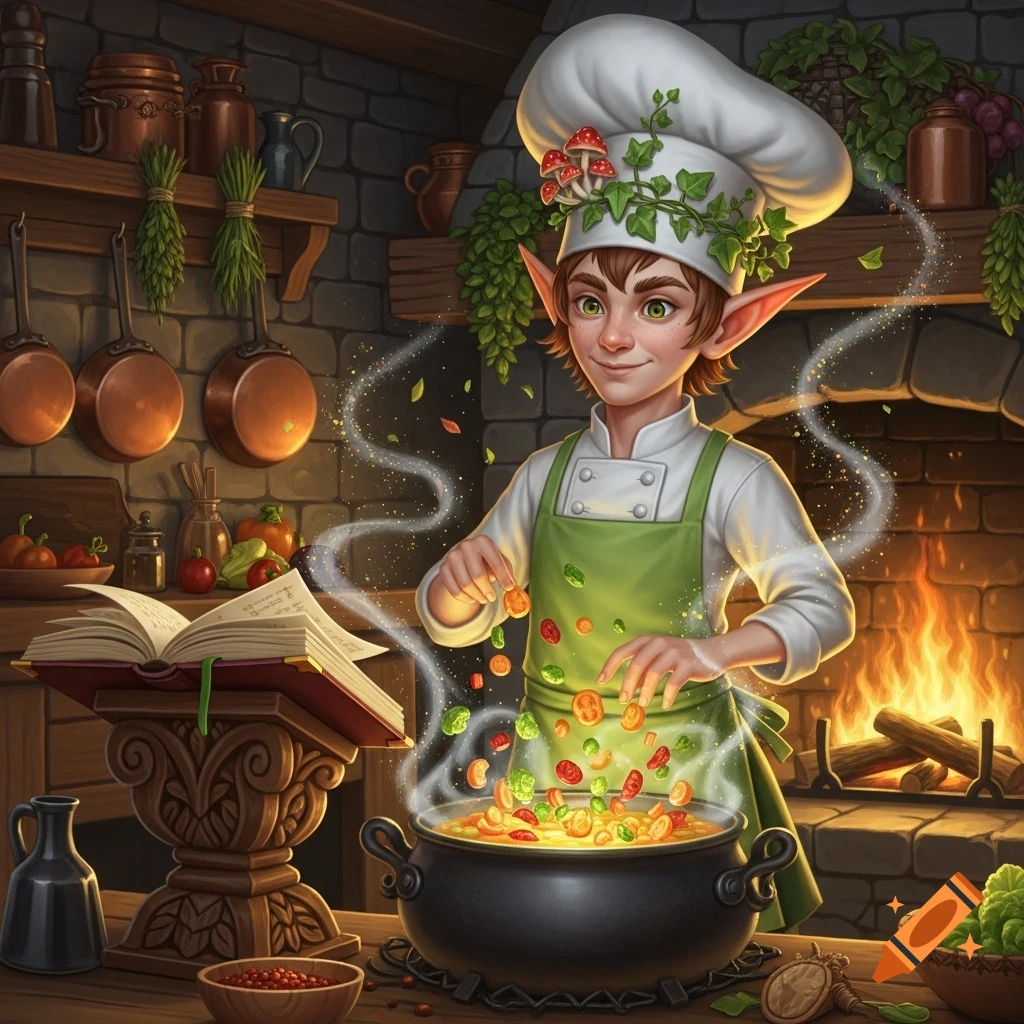 A whimsical elf chef wearing a tall hat adorned with mushrooms and ...
