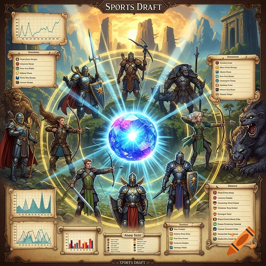 A fantasy sports draft page concept art featuring armored knights ...