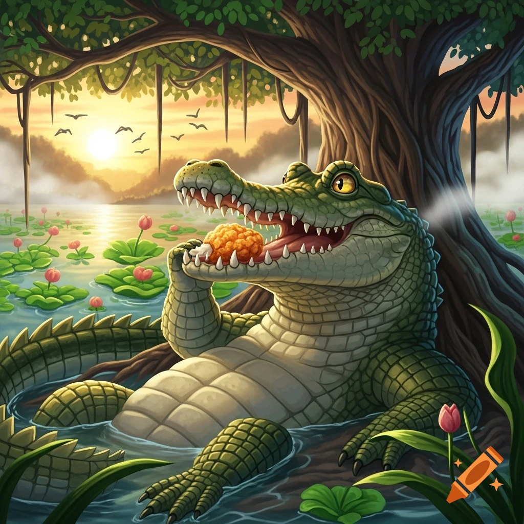 Cartoon alligator sitting in a swamp, eating fried chicken under a tree ...