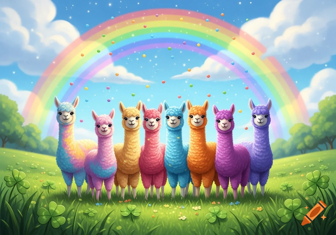 Eight colorful alpacas stand in a vibrant green meadow with four-leaf ...