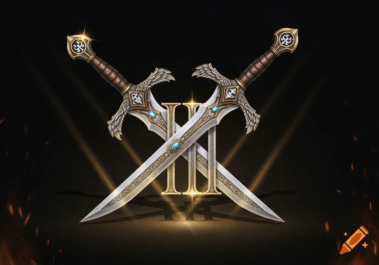 Two ornate, crossed fantasy swords with blue gems and intricate handles ...