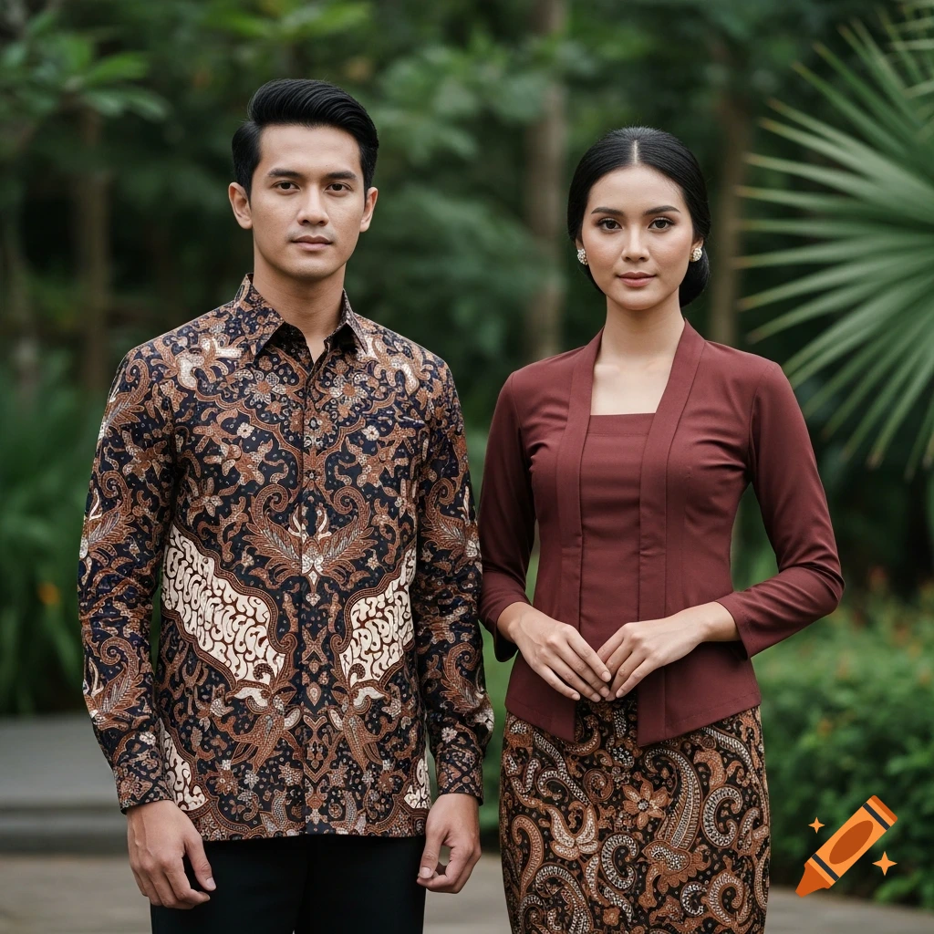 A man and a woman stand side by side, wearing traditional Indonesian ...