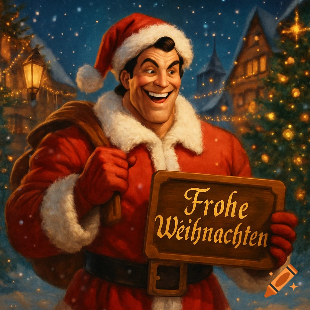Cartoonish Gaston as Santa holds a 'Frohe Weihnachten' sign in a snowy ...